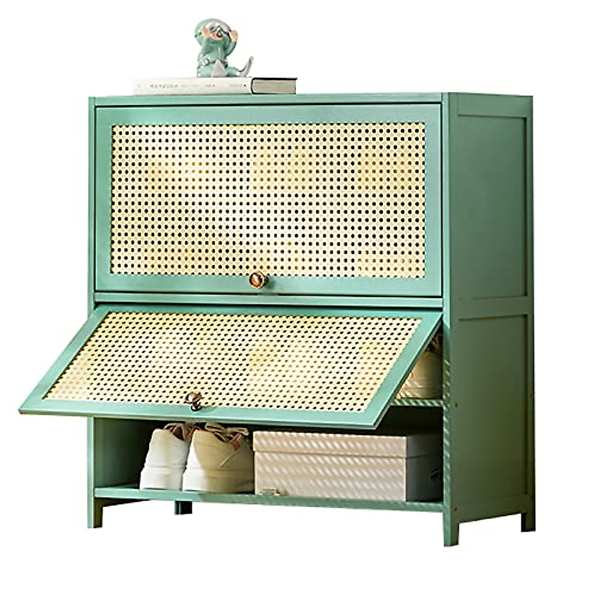 QQXX Bamboo Shoe Cabinet,Modern Entryway Shoe Storage Cabinet with Rattan Doors,Flip Shoe Rack Cabinet Shoe Organizer,Premium Storage Cabinet for Hallway Bathroom Kitchen(4tiers-31.5", Green)