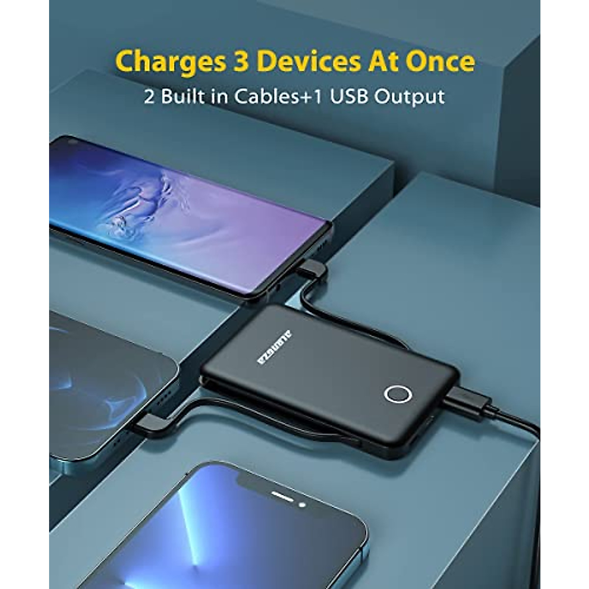 Portable Charger Small Size Built in Cable 6000mAh Power Bank, External Battery Pack Lightweight Backup Charger, Ultra Slim Battery Backup Charger for Cell Phones