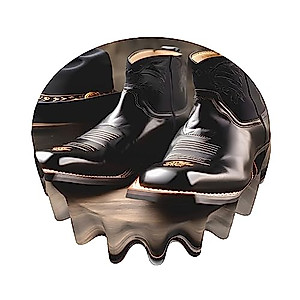FRESQA Cowboy Black Hat Western Boots Round Tablecloth 60 NCH,Waterproof Washable Kitchen Dining Room Round Tablecloth