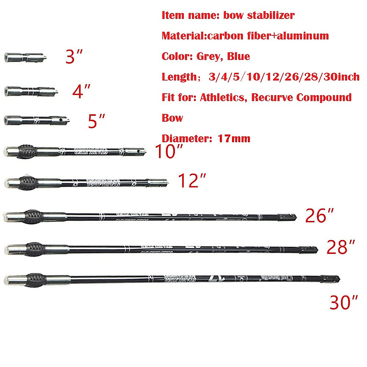 HNZMDY 3-30 Inch Archery Carbon Fiber Bow Stabilizer Balance Bar Rod Shock Absorber Damping System with Stabilizer Weight for Recurve Compound Bow (Grey, 12 inch)