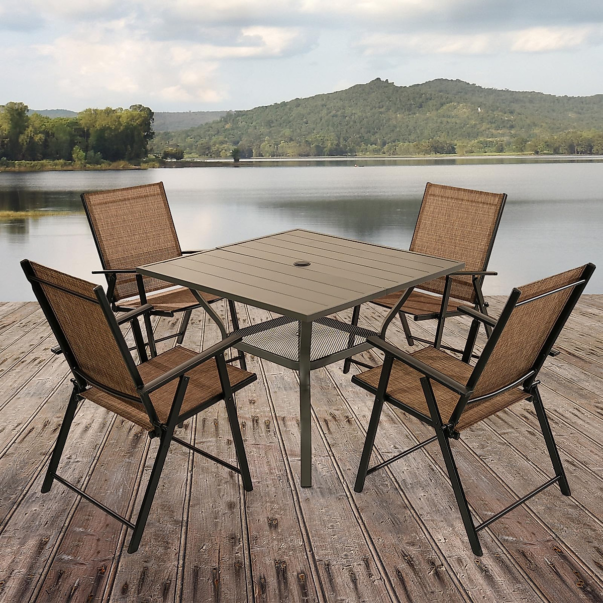 SJGUOJI Patio Folding Chairs Set of 4, Outdoor Lawn Chairs with Rustproof Metal Frame, Portable Dining Chairs for Porch, Deck, Garden, Backyard, Camping（Brown）