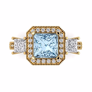 Clara Pucci 2.93 ct Cushion Cut Halo Solitaire 3 stone Natural Aquamarine Engagement Promise Anniversary Bridal Ring 18K Yellow Gold 7.25
