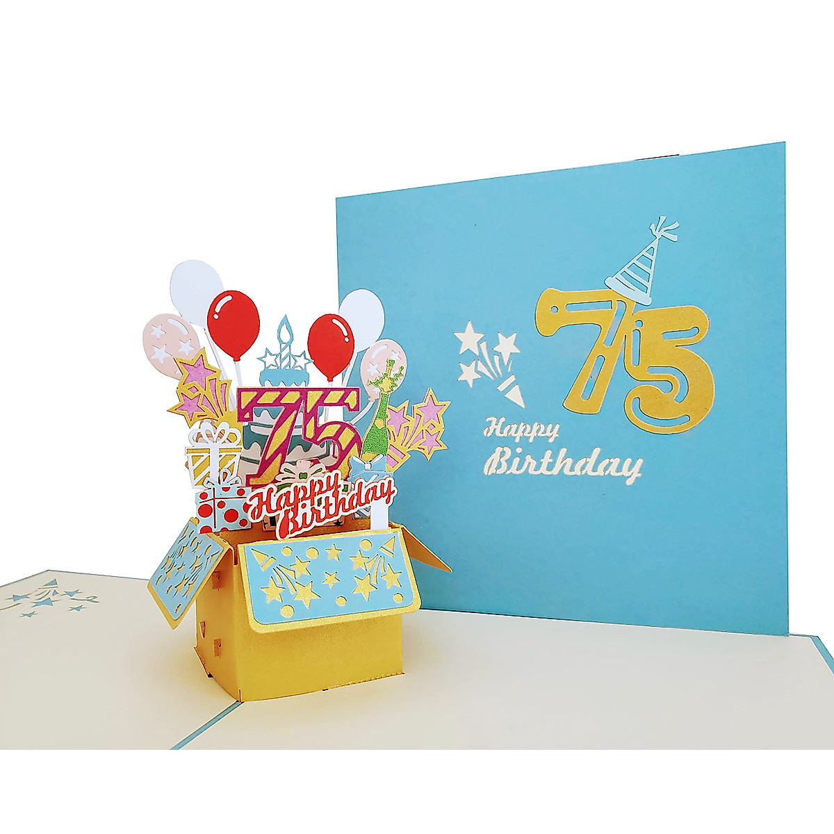 iGifts And Cards Happy 75th Blue Birthday Party Box 3D Pop Up Greeting Card – Seventy-Five, Awesome, Balloons, Unique, Celebration, Feliz Cumpleaños, Fun, Mom, Dad