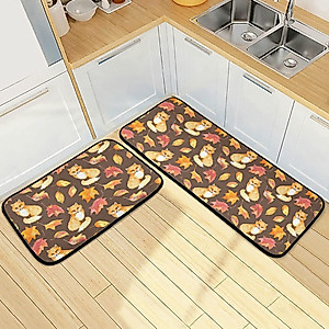 Cute Fox Fall Leaves Kitchen Mat Set of 2 Anti-Fatigue Kitchen Rug Set Non Slip Foam Cushioned Kitchen Runner Rugs and Mats Comfort Standing Mat for Floor Laundry Home Decor