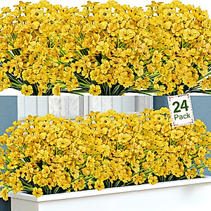 Ouddy Decor 12 Bundles Artificial Flowers for Decorations Fake Silk Plants for Outdoors UV Resistant Faux Plastic Greenery Stems for Garden Porch Window Box Home Spring Decor, Yellow
