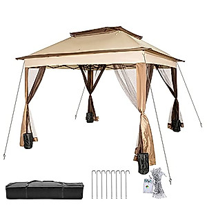 Happybuy Outdoor Canopy Gazebo Tent, Portable Canopy Shelter with 11'x11' Large Shade Space for Party, Backyard, Patio Lawn and Garden, 4 Sandbags, Carrying Bag and Netting Included, Brown