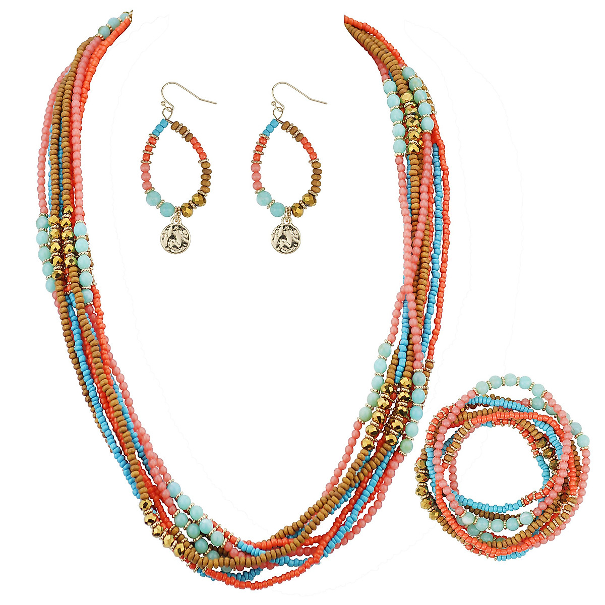 Bocar Long Multiple Strand Handmade Beaded Statement 26" Necklace for Women (NK-10563) (orange-set)