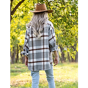 Lviefent Womens Casual Wool Blend Plaid Flannel Shackets Jacket Button Down Shirt Coat (Z-Grey, Small)