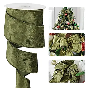 HUIHUANG Olive Green Wired Velvet Ribbon 2-1/2 inch, Green Velvet Wire Ribbon for Christmas Tree, Large Bows, Wreaths, Gift Wrapping, Garland, Home Decor, Crafts-Continuous 10 Yards/Roll