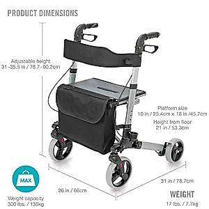 HealthSmart Walker Rollator with Seat and Backrest, Adjustable Handle Height, FSA HSA Eligible, Removable Storage Bag and a Durable Lightweight Frame That Folds While Supporting up to 300 pounds