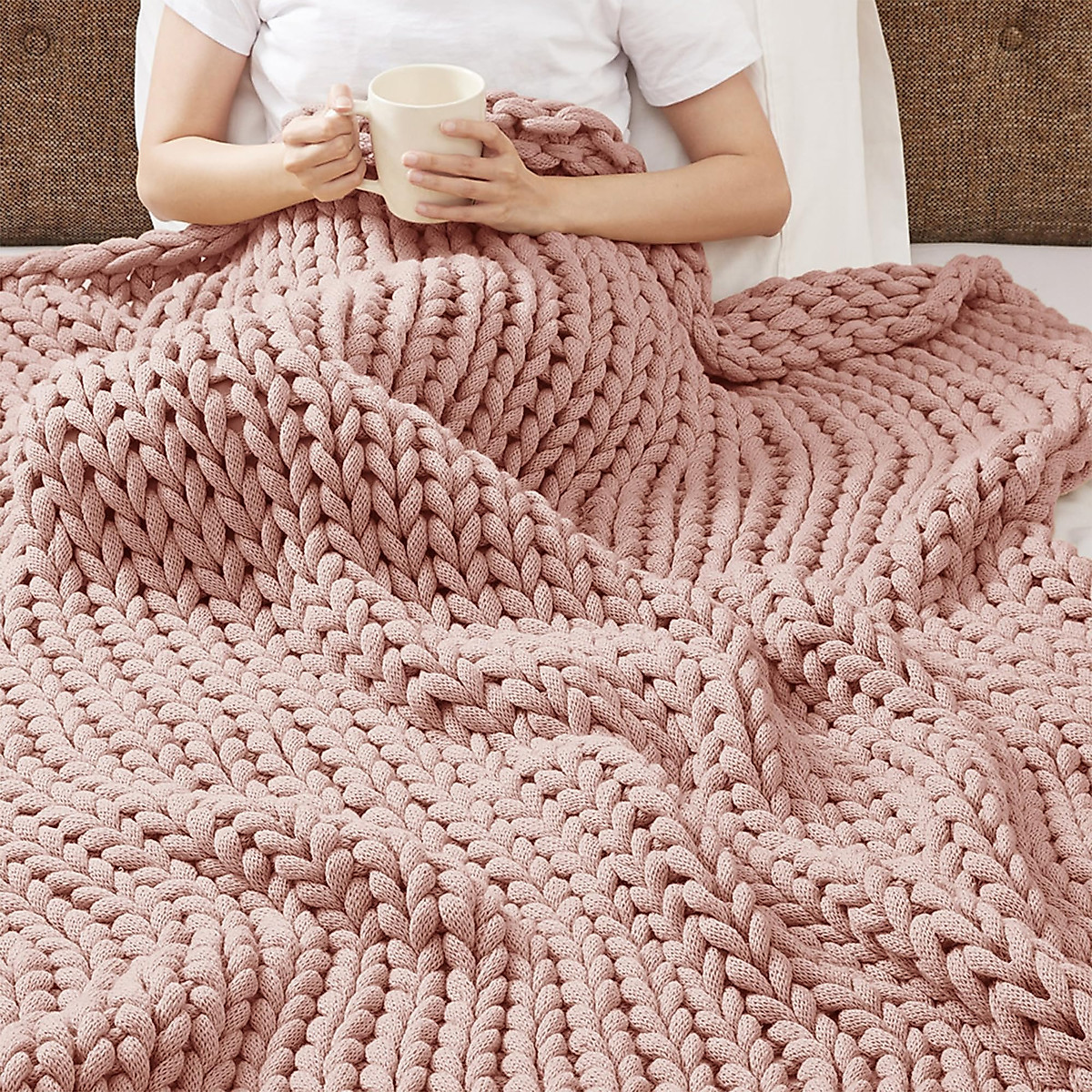 Madison Park Boho Throw Blanket, Soft Blanket Handmade Gift Home Decor, Lightweight & Breathable All Seasons Spring Chunky Knit Blanket, Knitted Throw for Couch, Bed Blanket, 50"x60" Blush