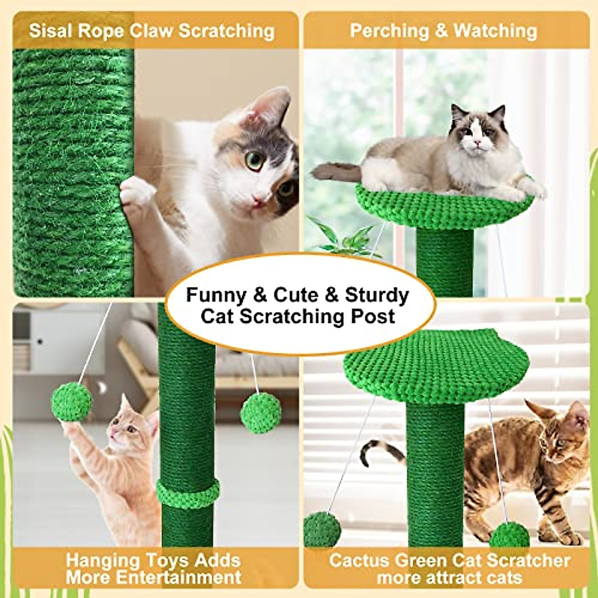 Cat Scratching Post Sisal Cat Tree Cactus Cat Scratcher, Scratching Posts for Indoor Cats Kitten, Cute Tall Cat Scratch Post with Perch to Protect Furniture, 2 Dangling Ball Toys, Stable Cat Stand