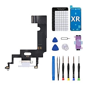 CYKJGS for iPhone XR Charging Port Replacement OEM Headphone Audio Jack Flex Cable USB Charge Dock Connector Assembly Microphone Antanna Repair Tool Kit Magnetic Pad White A1984 A2105 A2106 A2108