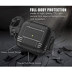 Wonjury for Airpods Pro Case Cover for Men with Lock, Military Armor Series Full-Body AirPod Pro Case with Keychain Cool Air Pod Pro Shockproof Protective Case for AirPods Pro 2019, Spring Lock Black