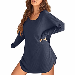 Ekouaer Womens Nightgown Waffle Knit Long Sleeve Nightgown Sleep shirts Night Dress for Women Navy Blue XXL