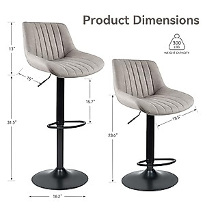 Nalupatio Bar Stools Set of 2, Adjustable Modern Swivel Bar Stools with Backs, Counter Height Performance Fabric Island Chairs for Home Kitchen, Light Grey