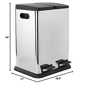 Organize It All Dual Compartment Step on Recycling Trash Can-Stainless Steel, 10-14 Gallons, Black