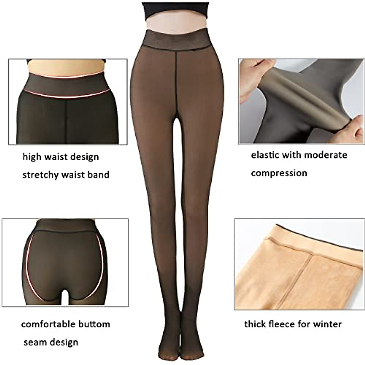 Jecpuo Women Winter Tights Fake Fleece Tights Opaque Fleece lined Leggings Fake Transparent Thermal Pantyhose Elastic Skinny Pants