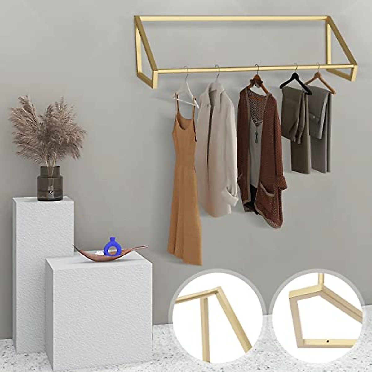 Wall-Mounted Garment Rack ,Modern Simple Clothing Store Heavy Metal Display Stand Garment Bar,Clothes Rail,Bathroom Hanging Towel Rack,Multi-purpose Hanging Rod for Closet Storage (Gold Square Tube,39.4"L)