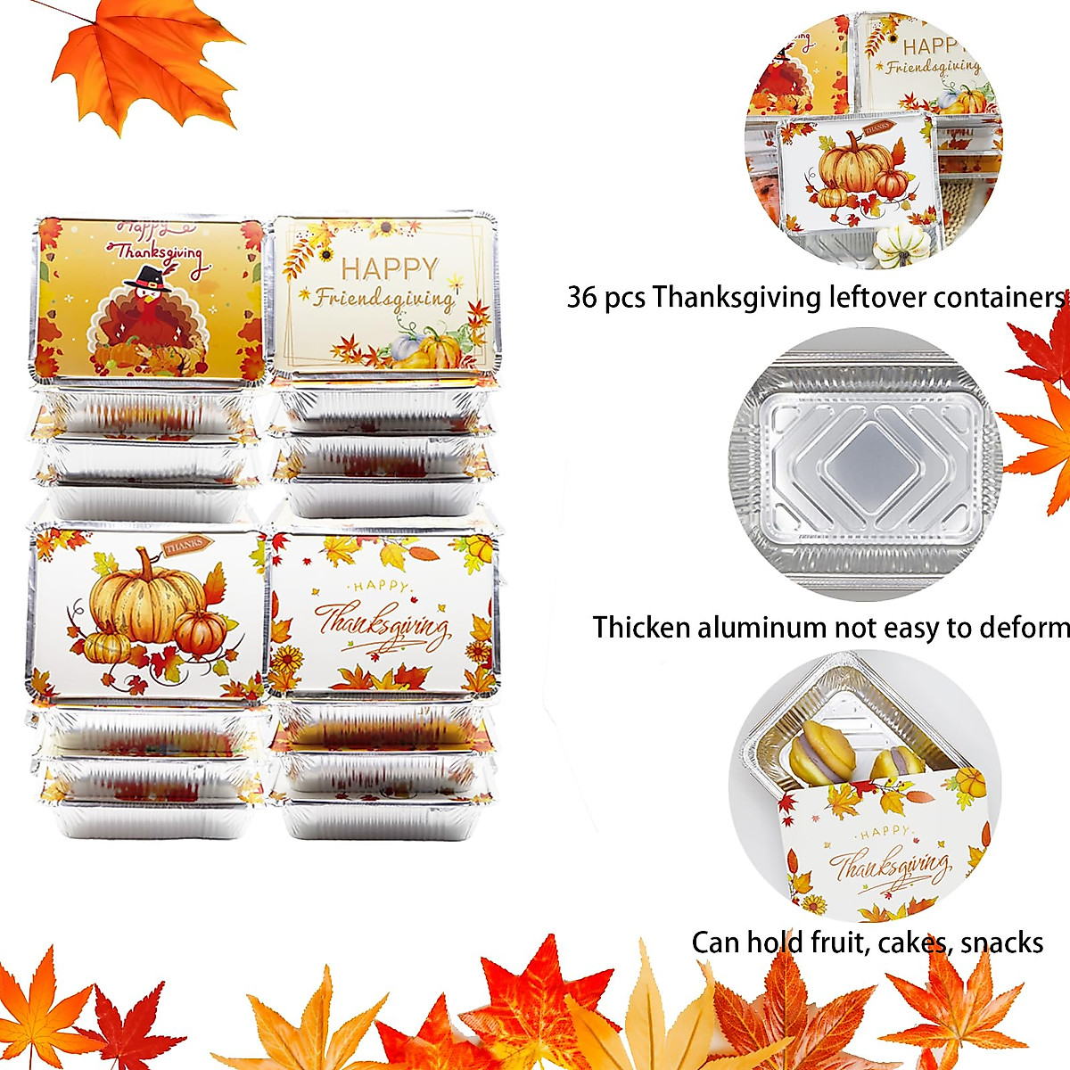 Decodinli 36 pcs Thanksgiving Leftover Containers with Lids, Thanksgiving Aluminum Food Containers, Fall themed Disposable Food Containers, Thanksgiving Tin Foil Containers for Leftovers, Treats