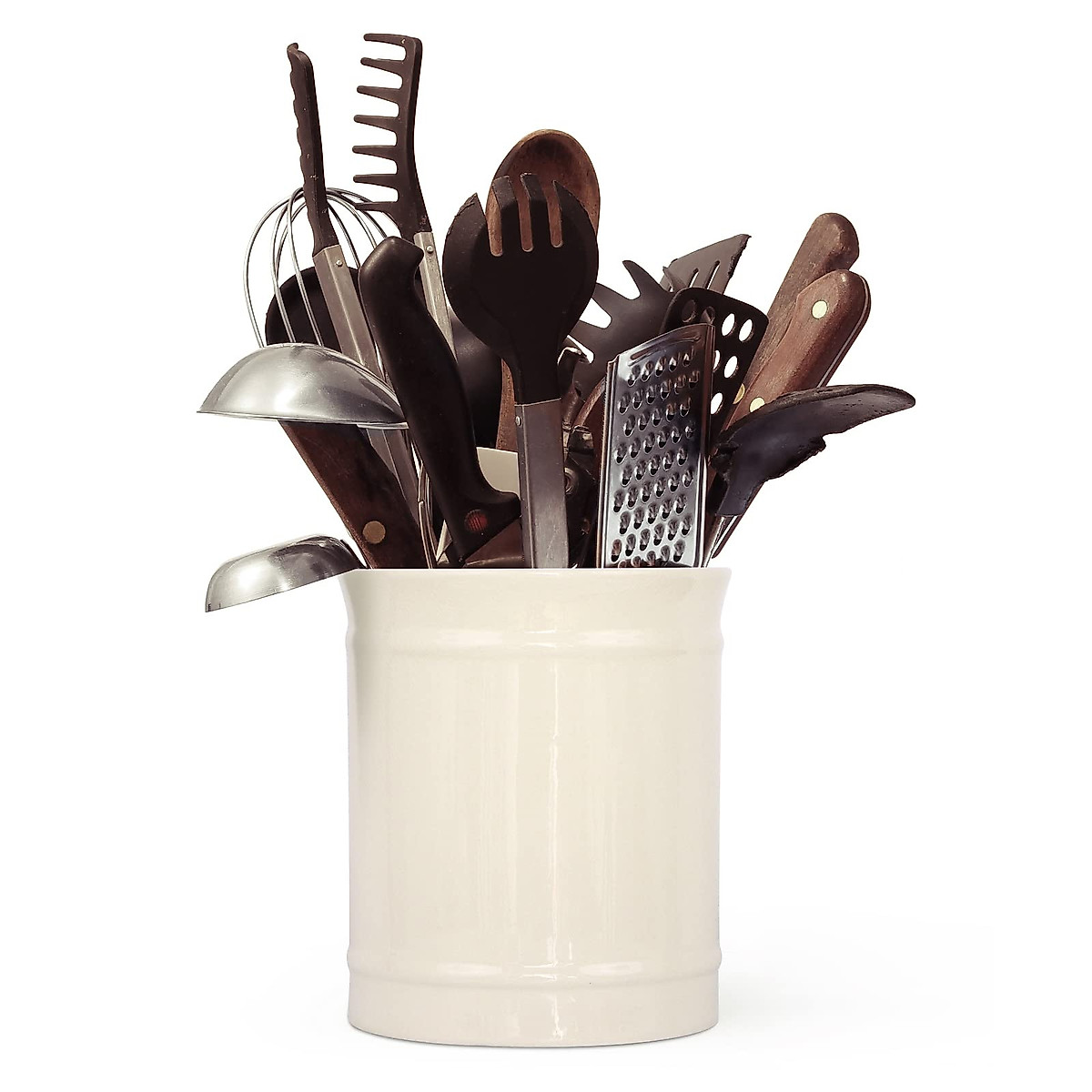 Sanbege Ceramic Utensil Crock with Ice Crack Pattern, 6.8" Large Kitchenware Caddy, Utility Utensil Holder for Cooking Tools, Makeup Brushes, Flowers, Wine Bucket (Cream White)