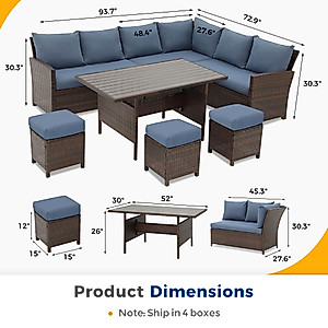 Wisteria Lane Patio Furniture Set, 7 Piece High Curved Back Outdoor Dining Sectional Sofa with Dining Table and Chair, All Weather Wicker Conversation Set with Ottoman, Blue