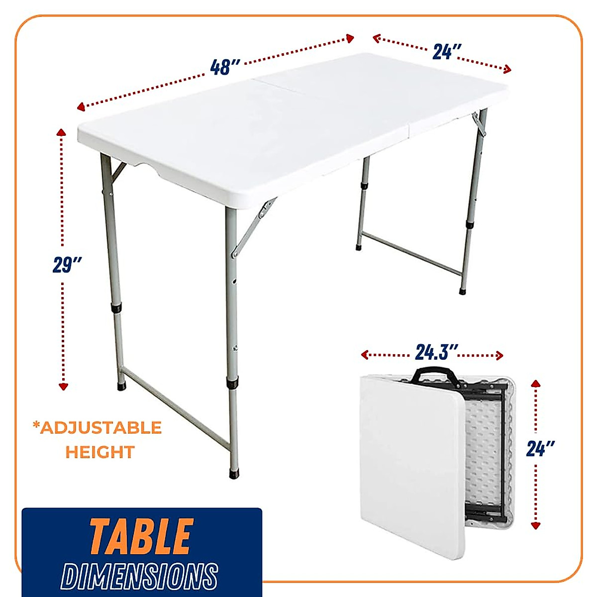 CozyBox Folding Table Indoor Outdoor Heavy Duty Portable Folding Plastic Dining Table w/Handle, Lock for Picnic, Party, Camping - White (4ft, 6ft, 8ft) (4ft)
