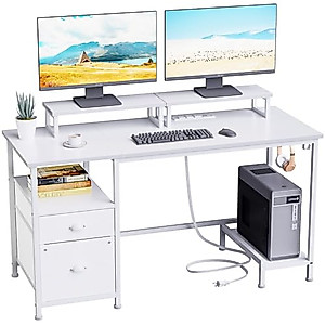 Furologee White Computer Desk with Drawer and Power Outlets, 47" Office Desk with 2 Monitor Stands and Fabric File Cabinet, Writing Gaming Table with Shelves and 2 Hooks for Home Office