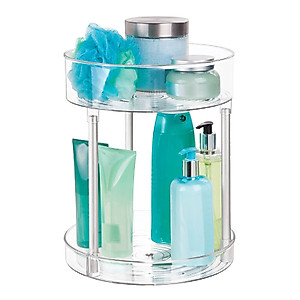 mDesign Spinning Metal and Plastic Makeup Organizer Rotating Lazy Susan 2-Level Turntable Storage Bin - Carousel Organizer for Bathroom Vanity Countertops, Cabinets - Clear/Silver