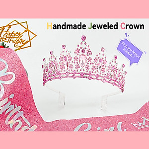 SuPoo Pink Birthday Crowns Birthday Sash and Crown Kit Birthday Tiara Rhinestones Metal Crown with Comb Glitter Birthday Girls Sash Crystal Headband Princess Tiaras for Girl Happy Birthday Decorations