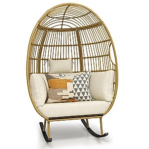 DWVO Outdoor Rocking Egg Chair, Patio Rocking Chair Oversized, 370lb Capacity, Anti-Slip, All-Weather Wicker Egg Lounger Chair for Indoor, Outside (Beige)
