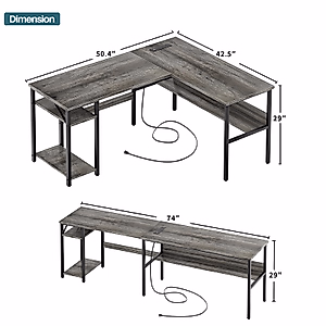 Unikito Reversible L Shaped Desk with Magic Power Outlets and USB Charging Ports, Sturdy Corner Computer Desk with Storage Shelves, Gaming Desk for Home Office, Easy to Assemble, Black Oak