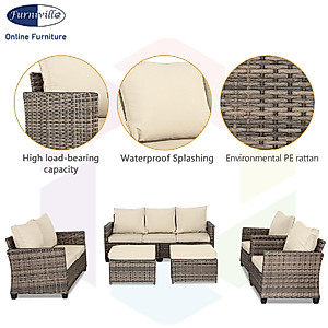 Furnivilla 6 Piece Patio Furniture Set Outdoor Patio Furniture Wicker Patio Set All Weather Wicker Rattan Patio Set Outdoor Sectional for Porch,Garden,Backyard (Brown-Grey)