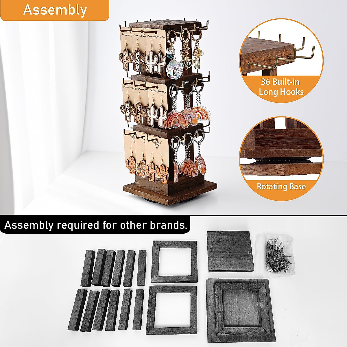 Ikee Design Elegant Wooden Rotating Jewelry Tower, 36 Hooks for Earrings, Bracelets, and Keychains, Versatile Countertop Rack for Store, Tradeshow, and Home, Brown Color