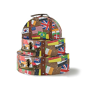 Global Travel Themed Cardboard Decorative Storage Boxes with Lids: Set of 3, Mini Vintage Suitcases with International Flag Decorations, Scrapbook Storage Boxes, Prop Storage Boxes