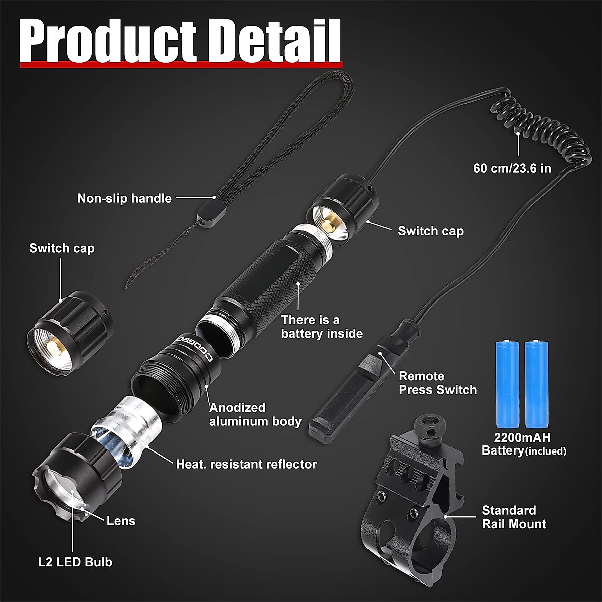 COOGEO Tactical Flashlights 1200 Lumens LED Weapon Light with Picatinny Mount, Super Bright Light Included Rechargeable Batteries Switch for Self Defense, Hunting, Camping, Hiking