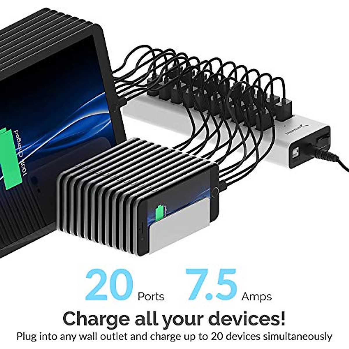 SABRENT 90W 20 Port USB 2.0 Fast Charger, 12V Power Supply Included (AX-P20C)