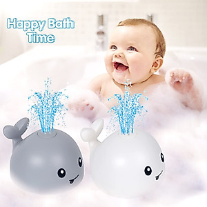 AOLIGE 2Pcs Whale Bath Toy Sprinkler Rechargeable Spraying Light Up Bathtub Toys Bathtime Water Toys for Toddlers Kids Waterproof Shower Toys (Rechargeable White & Grey Whale)
