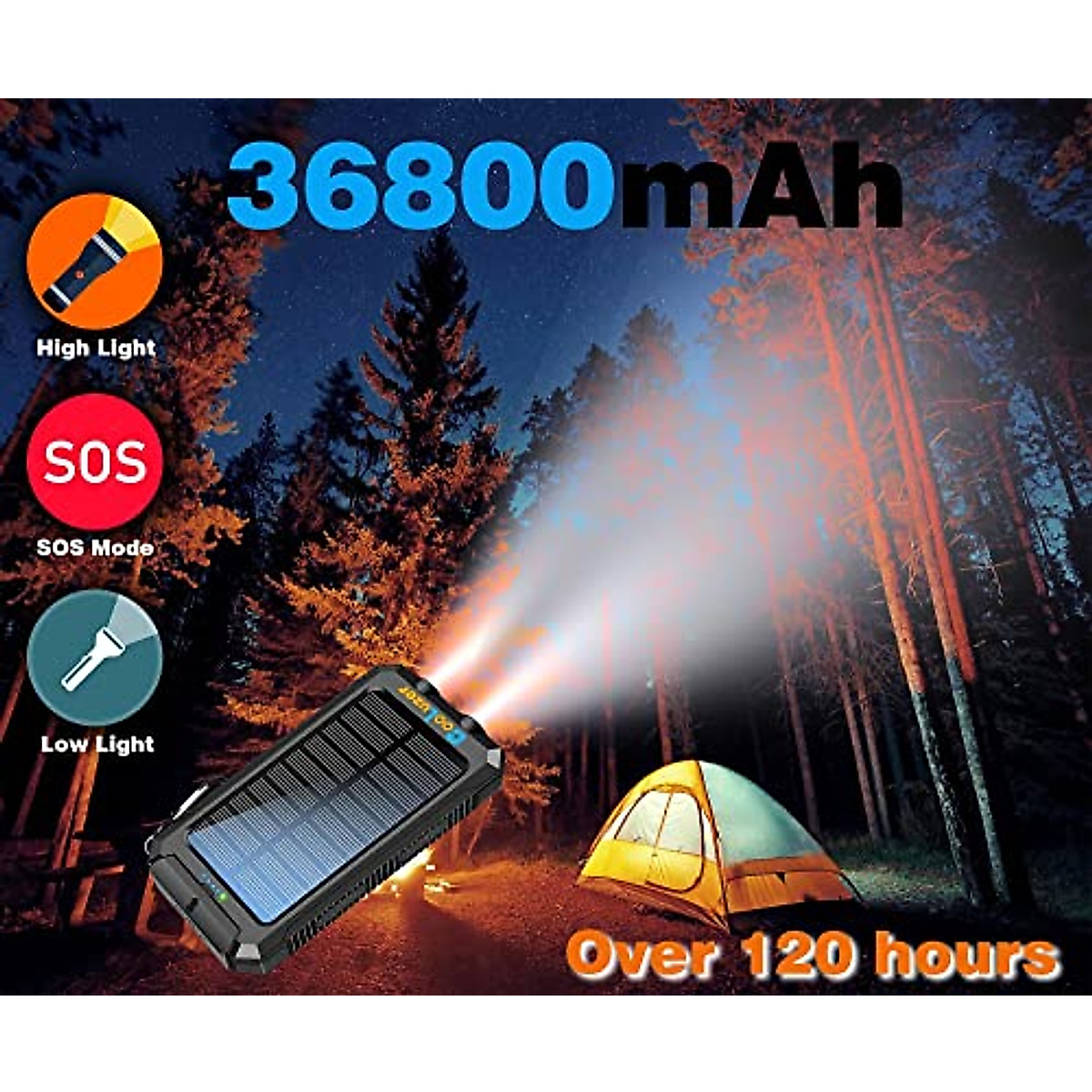 Solar Charger Power Bank 36800mah with 18W PD 5V*3.1A Fast Charging, QC3.0 Portable Charger Solar Power Bank,IP67 Waterproof Camping Gear Accessory for Outdoor (Black)