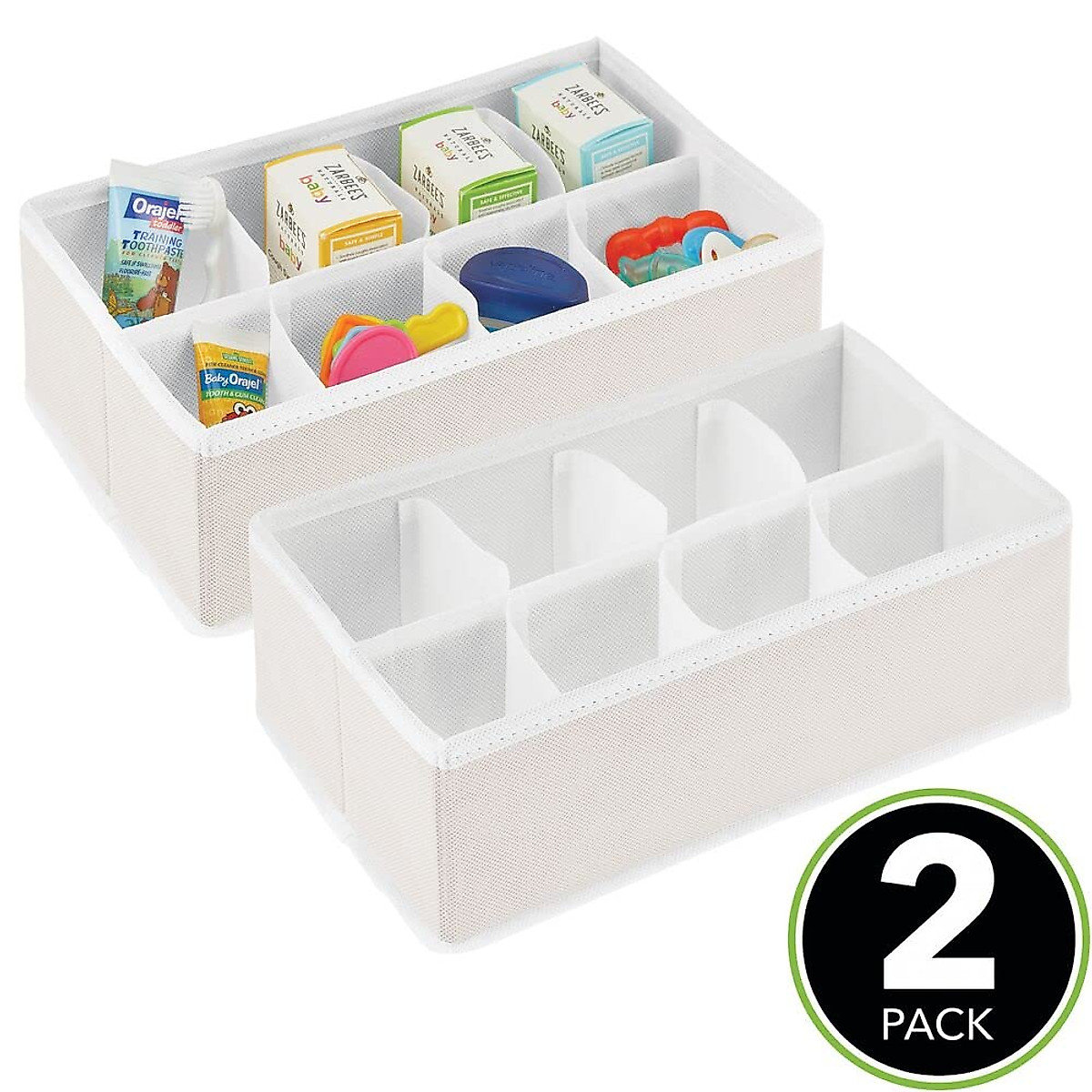 mDesign Fabric 8-Section Divider Drawer Organizer Bin for Baby Nursery Dresser, Closet, Changing Table Organization, Hold Clothes, Toys, Diapers, Bib, Blanket, Jane Collection, 2 Pack, Cream/White