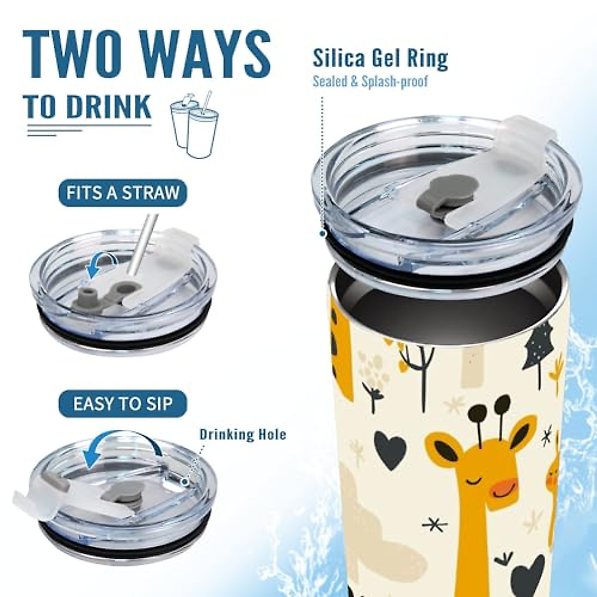 QWEUIOP 20oz Insulated Travel Coffee Mug Cartoon Giraffe And Tree Stainless Steel Tumbler with Lid Double Wall Vacuum Coffee Cup For Hot and Cold Drinks14167