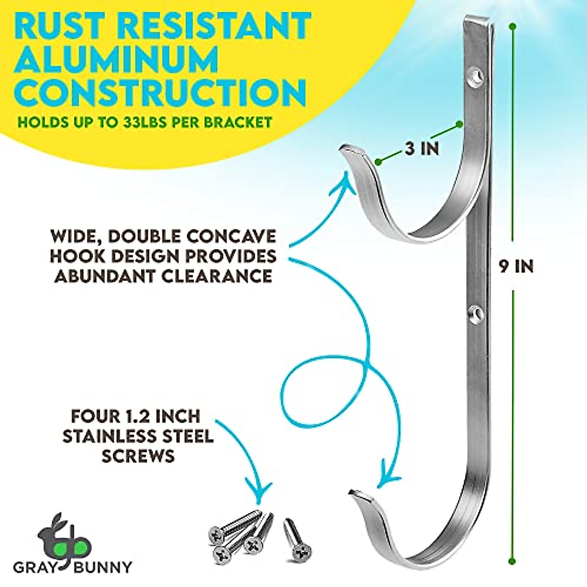 Gray Bunny Pool Pole Hanger, 4 Piece Nickel Gray Premium Aluminum Swimming Pool Accessories Hook Set, for Telescopic Poles, Skimmers, Leaf Rakes, Nets, Brushes, Vacuum Hose, Garden Tools