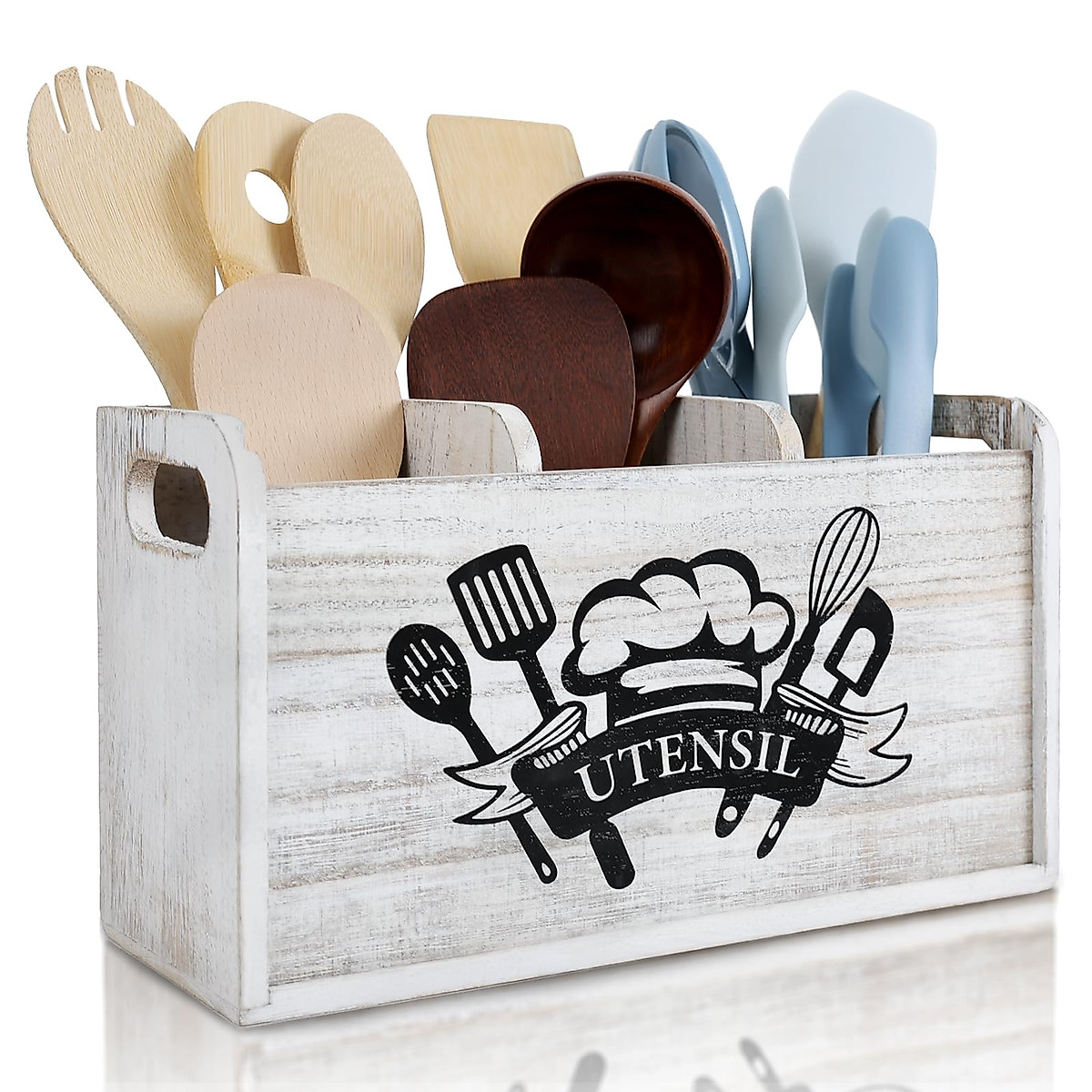 Fabuday Kitchen Utensil Holder for Counter Wooden - Extra Large Cooking Utensil Caddy for Spoon, Spatula Utensils, Rustic Farmhouse Utensils Organizer Countertop