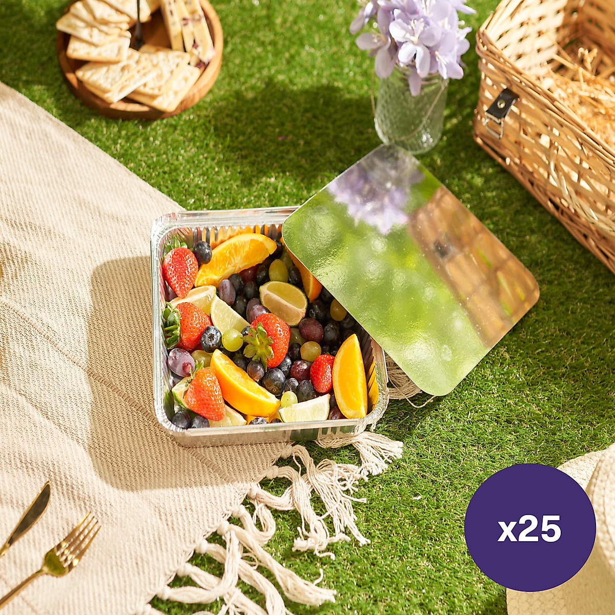 MATANA 9x9 Aluminum Pans with Lids (25 Pack) Disposable Aluminum Tays - 9" Inch Square Foil Cake Baking Pans & Food Containers with Lids