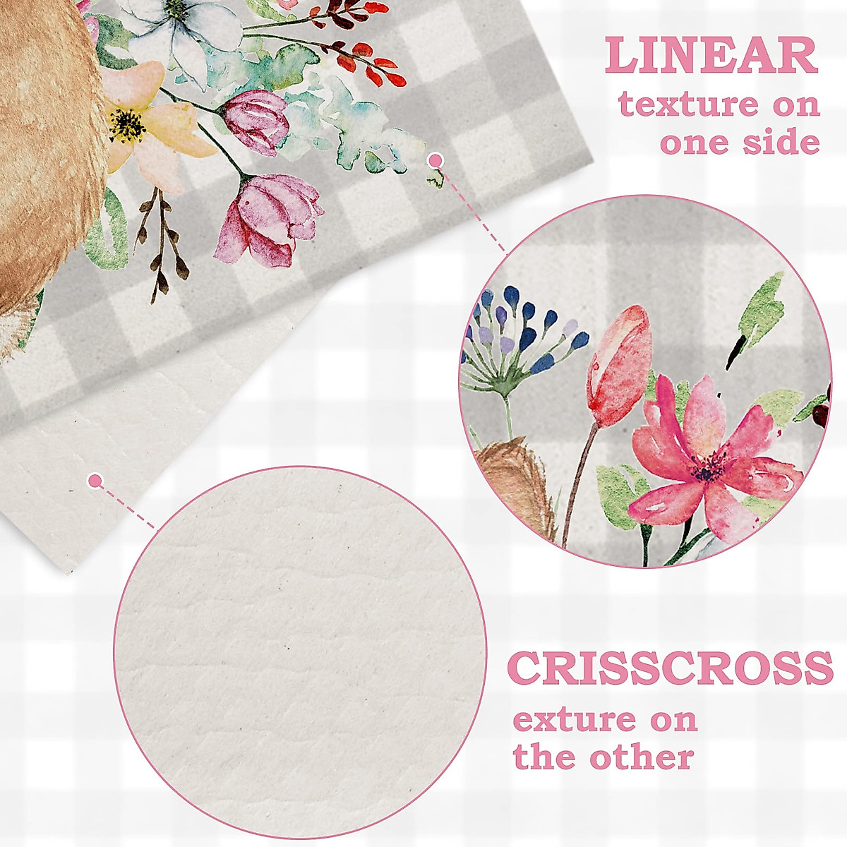 AnyDesign Easter Swedish Kitchen Dishcloth Set of 6 Watercolor Easter Egg Rabbit Bunny Floral Cotton Kitchen Towel Gray White Buffalo Plaids Dish Towel for Housewarming Cleaning Wipes, 7 x 8 in