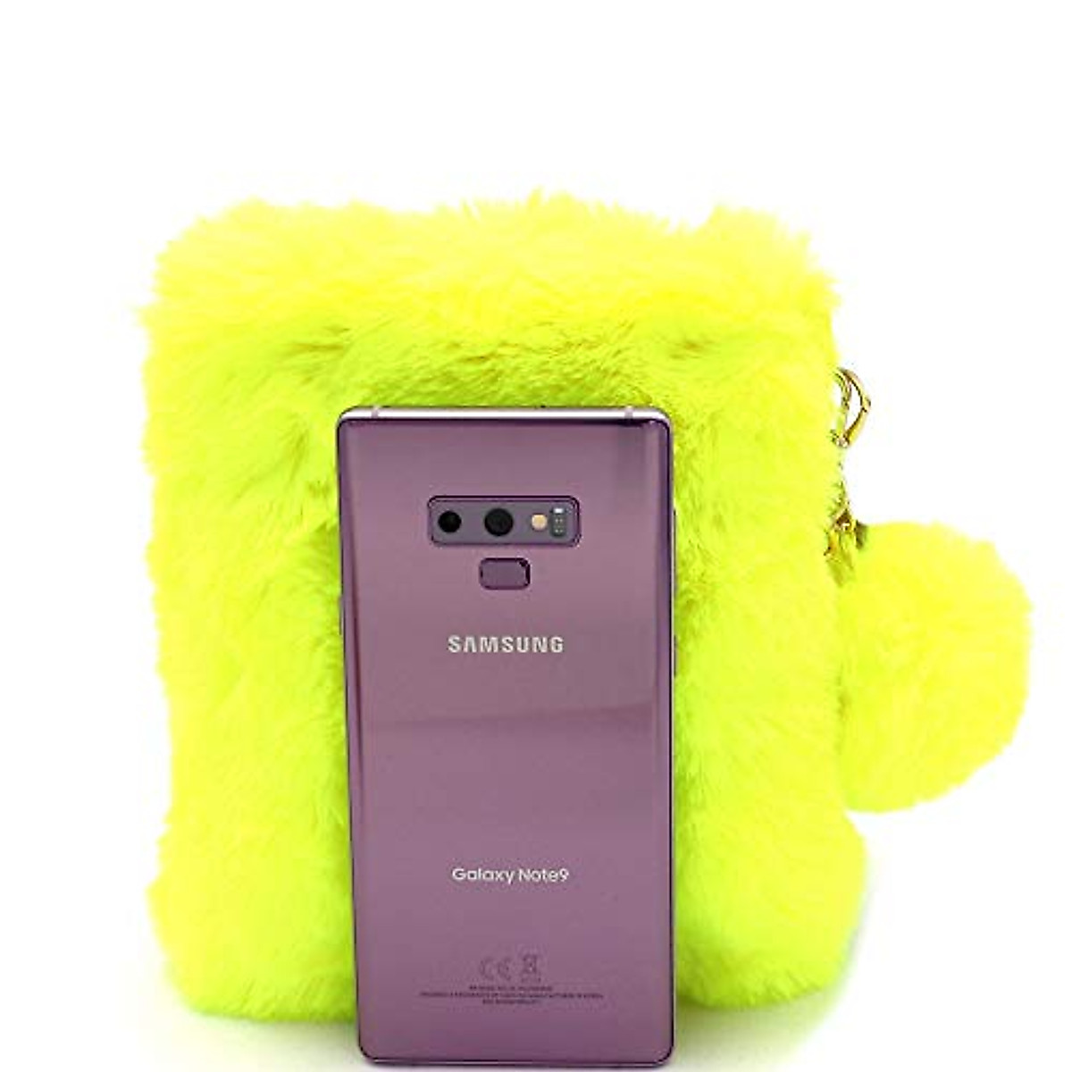 Trendeology Neon Color Ultra Smooth Soft Fluffy Faux-Fur Pom Pom Small Cute Phone Crossbody Bag (1.Neon-Yellow)