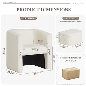 COLAMY Upholstered Sherpa Barrel Accent Chair with Storage Ottoman, Morden Living Room Side Chair, Single Sofa Armchair with Lounge Seat for Bedroom/Office/Reading Spaces, Cream