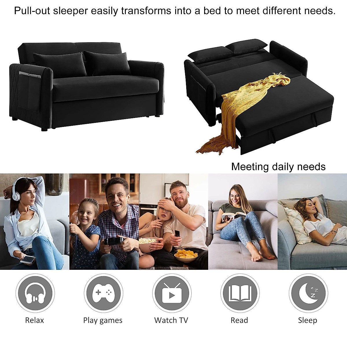 Monkey Patio 59.5 Inches Modern Velvet Loveseat with Pull-Out Convertible Sleeper Sofa Bed, 2 Arm Pockets, 2 Pillows and Adjustable Backrest for Living Room, Grid Design Armrests (Black)