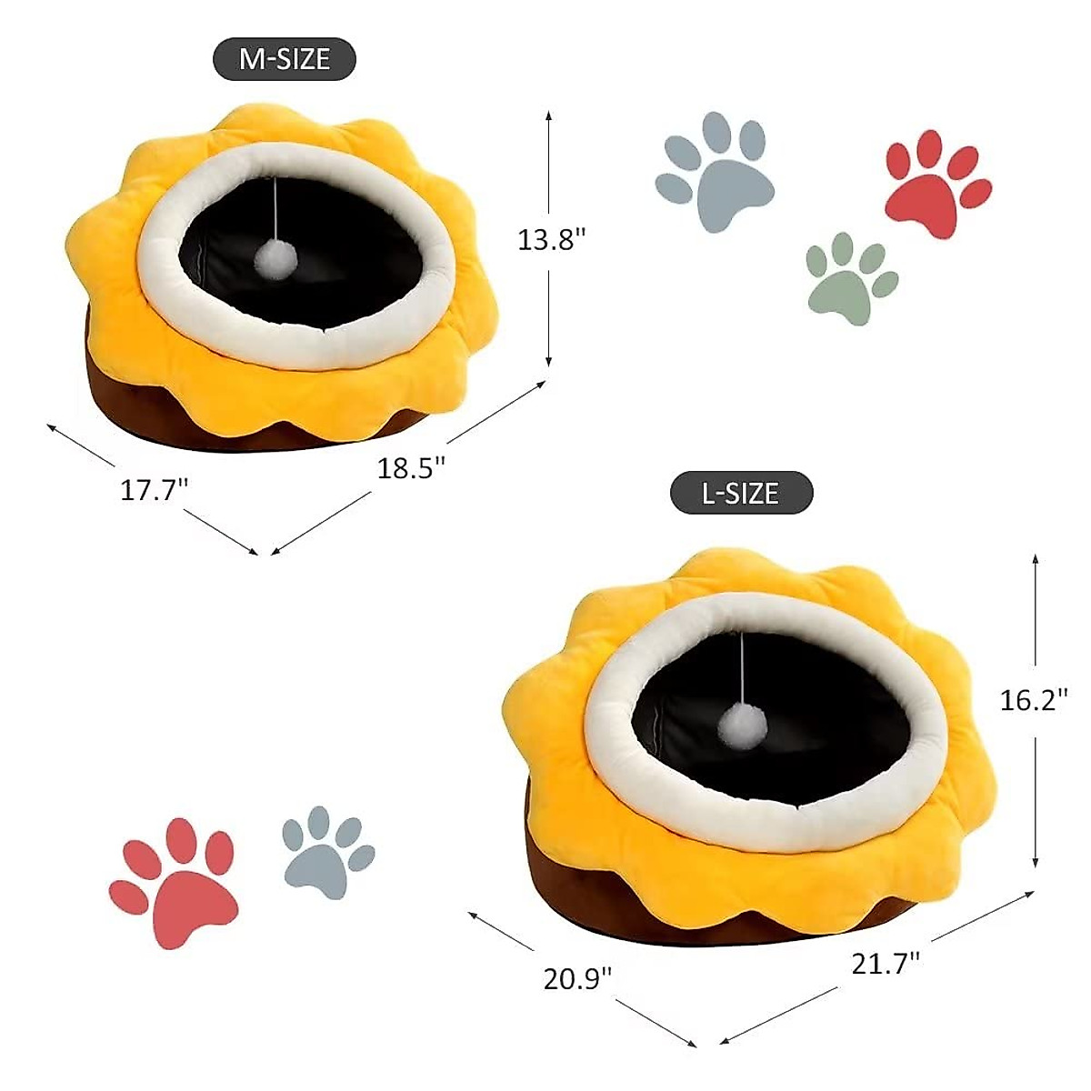 Cat Beds for Indoor Cats - Small Cat Bed with Anti-Slip Bottom, Sunflower-Shaped Cat/Dog Cave with Hanging Toy, Puppy Bed with Removable Cotton Pad, Super Soft Calming, Multiple Sizes(brownM)