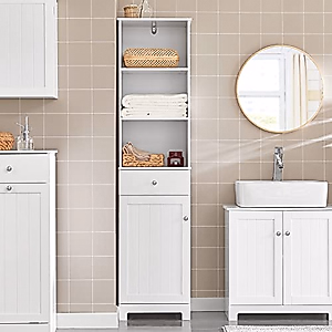 SoBuy Floor Standing Tall Bathroom Storage Cabinet with Shelves and Drawers, Linen Tower Bath Cabinet, Anti-Tipping Multifunctional Corner Unit, White BZR17-W